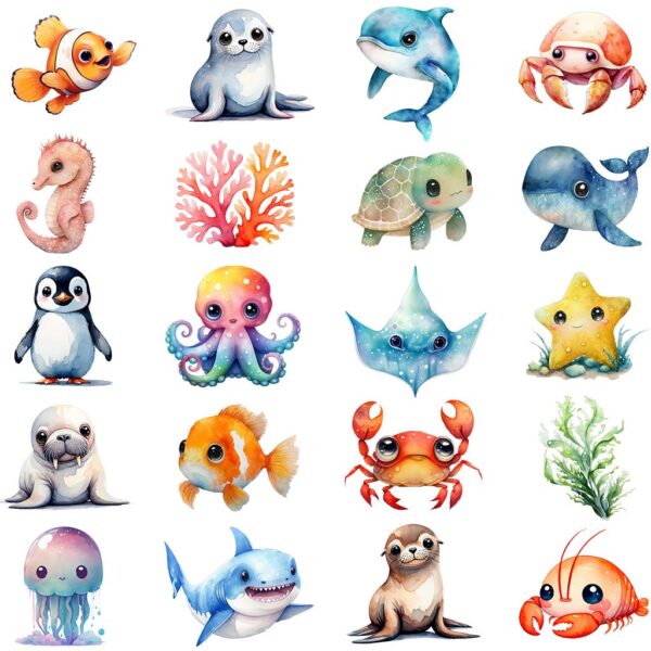 Watercolor Sea Animals Clipart Bundle