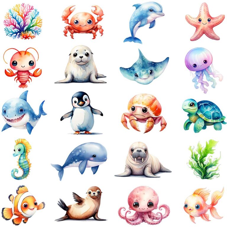 Watercolor Sea Animals Clipart Bundle